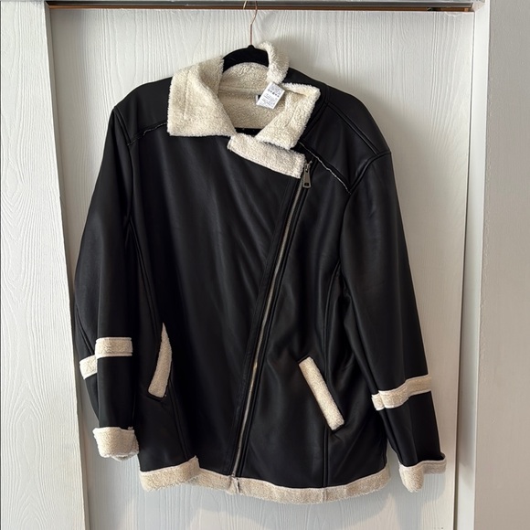 SHEIN | Jackets & Coats | Shein Black And Cream Leather Jacket ...